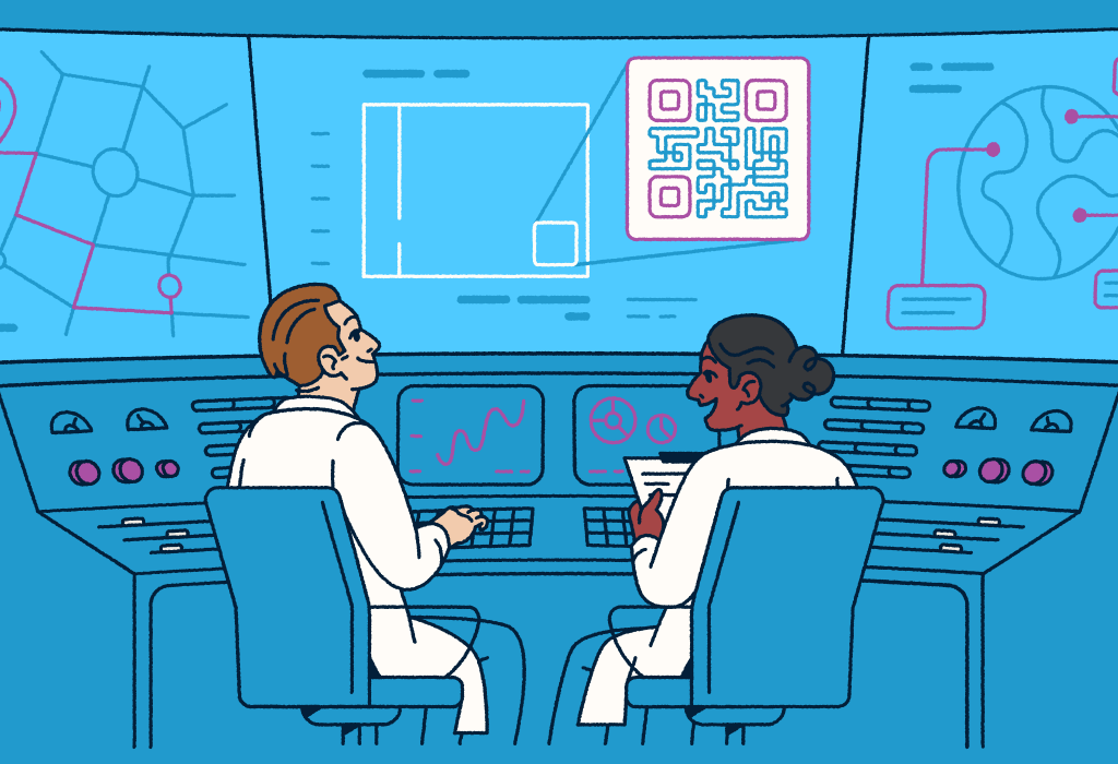 Two scientists sitting at a console looking at screens with QR Codes and graphs.